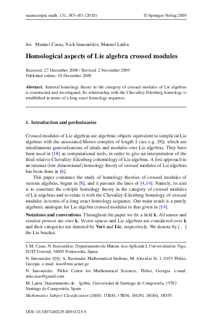 (PDF) Homological aspects of Lie algebra crossed modules