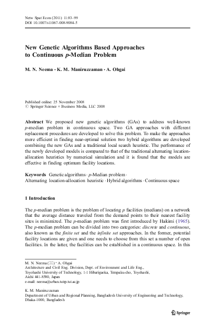 Pdf New Genetic Algorithms Based Approaches To Continuous P Median Problem 4252