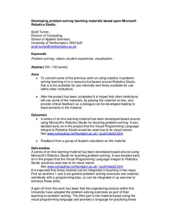(PDF) Developing problem-solving teaching materials based upon Microsoft Robotics Studio | Scott ...