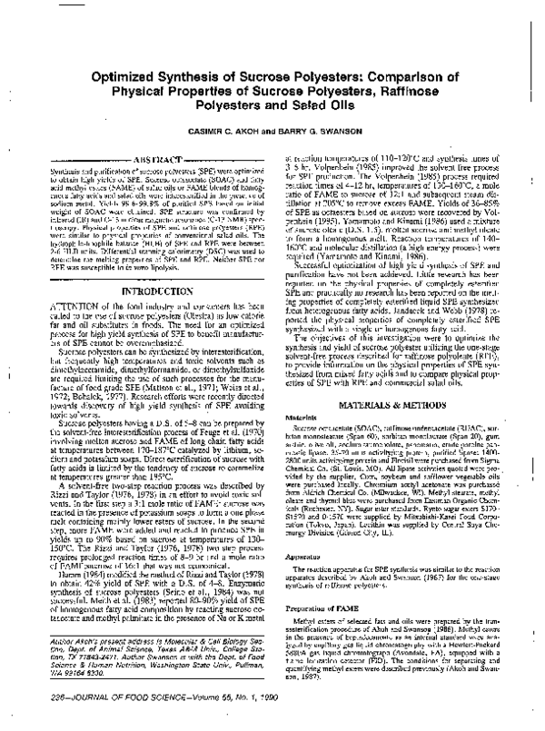 (PDF) Optimized Synthesis of Sucrose Polyesters: Comparison of Physical ...