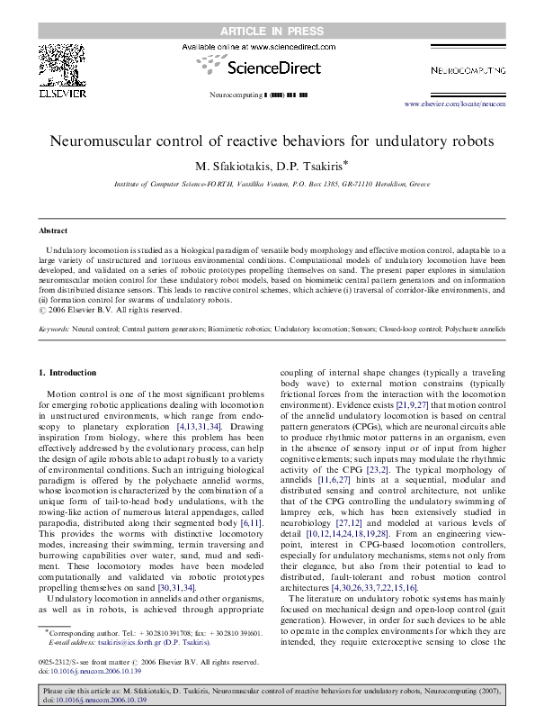 (PDF) Neuromuscular control of reactive behaviors for undulatory robots (PDF) Neuromuscular control of reactive behaviors for undulatory robots