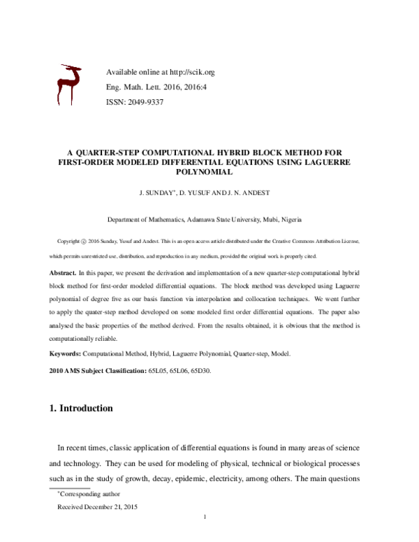 Pdf A Quarter Step Computational Hybrid Block Method For First Order Modeled Differential