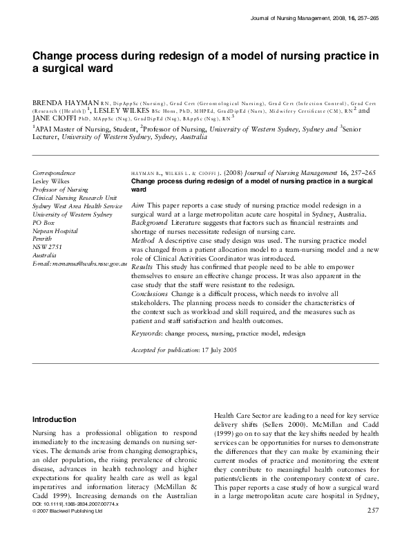 (PDF) Change process during redesign of a model of nursing practice in ...