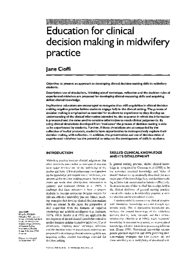 Pdf Education For Clinical Decision Making In Midwifery Practice