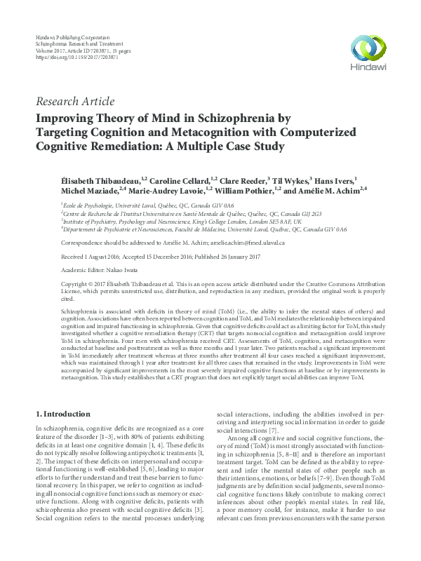 (PDF) Improving Theory of Mind in Schizophrenia by Targeting Cognition and Metacognition with ...