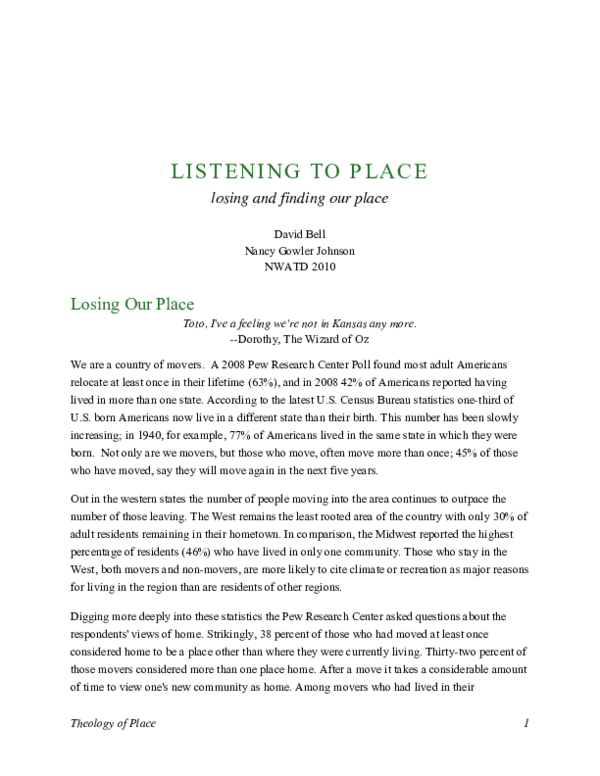 (PDF) LISTENING TO PLACE losing and finding our place Losing Our Place
