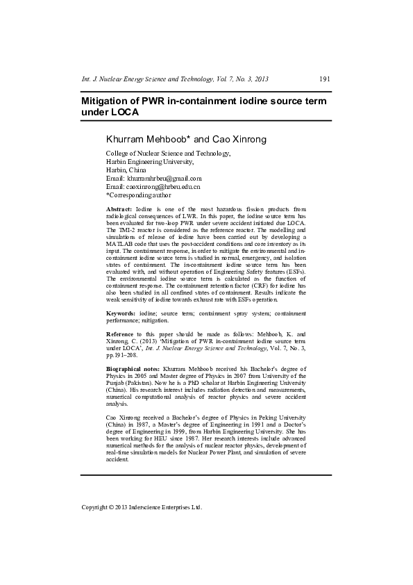 (PDF) Mitigation of PWR in-containment iodine source term under LOCA
