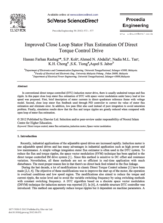 Pdf Improved Close Loop Stator Flux Estimation Of Direct Torque