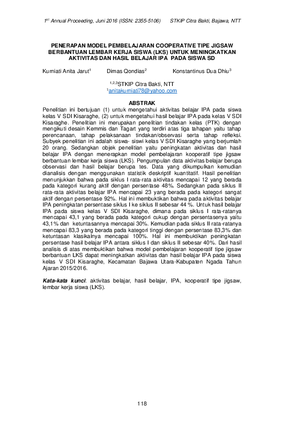 (PDF) PENERAPAN MODEL PEMBELAJARAN COOPERATIVE TIPE JIGSAW BERBANTUAN LEMBAR KERJA SISWA (LKS ...