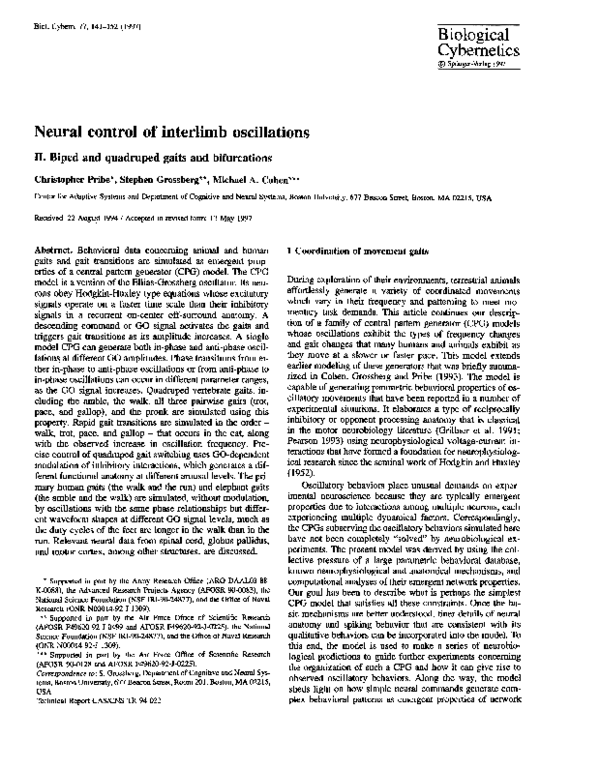 (PDF) Neural control of interlimb oscillations. II. Biped and quadruped gaits and bifurcations