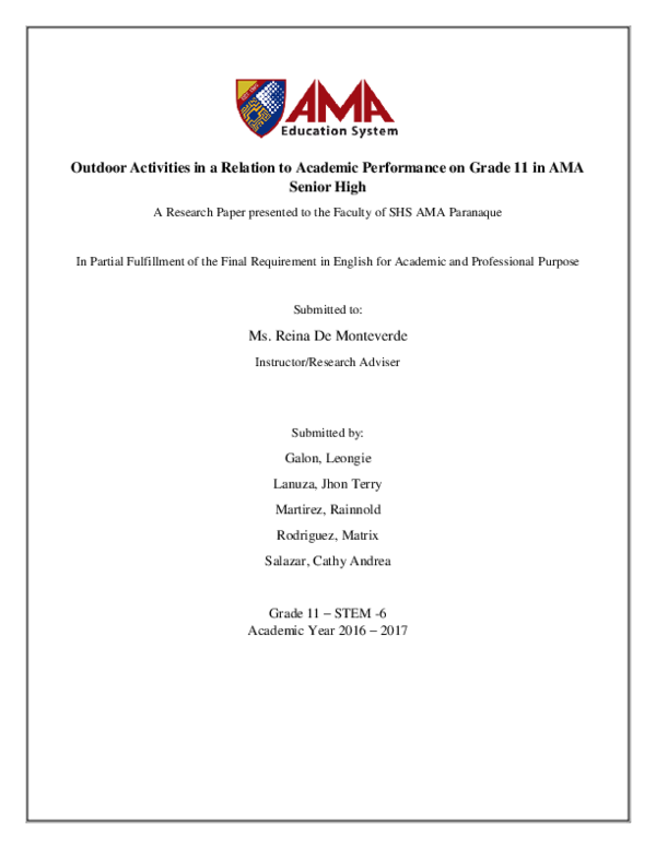 (DOC) Outdoor Activities in a Relation to Academic Performance on Grade ...