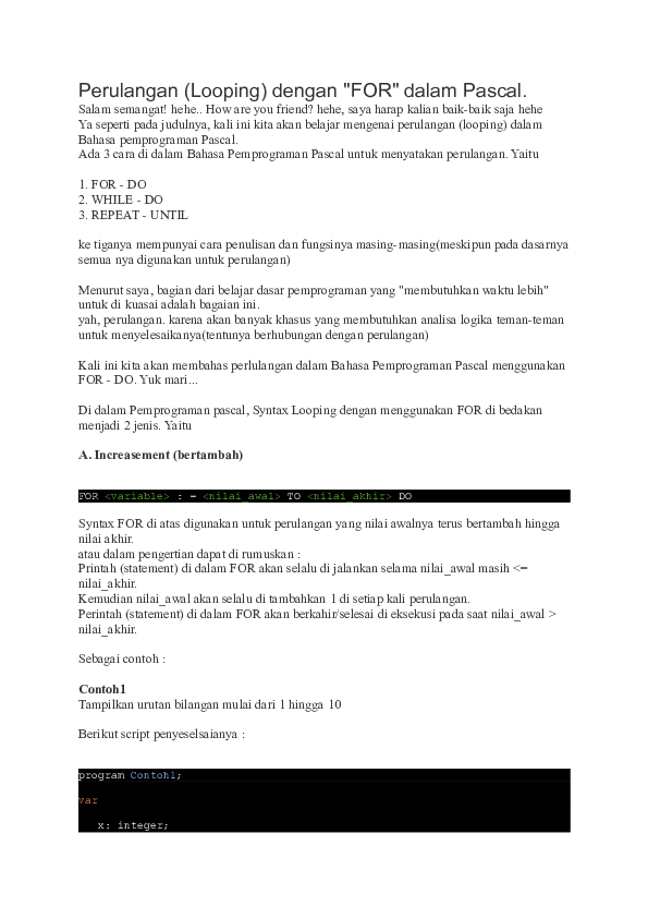 (DOC) Perulangan (Looping) dengan "FOR" dalam Pascal
