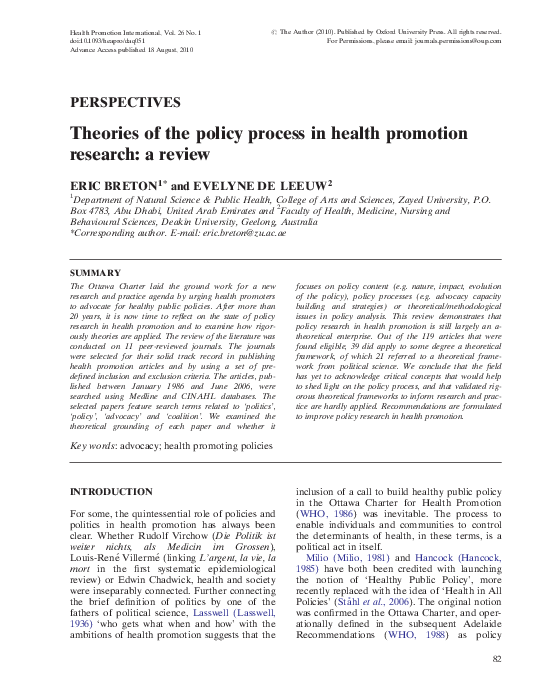 (PDF) Theories of the policy process in health promotion research: a review