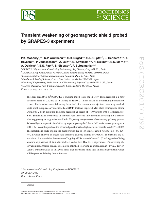 (PDF) Transient weakening of geomagnetic shield probed by GRAPES-3 ...