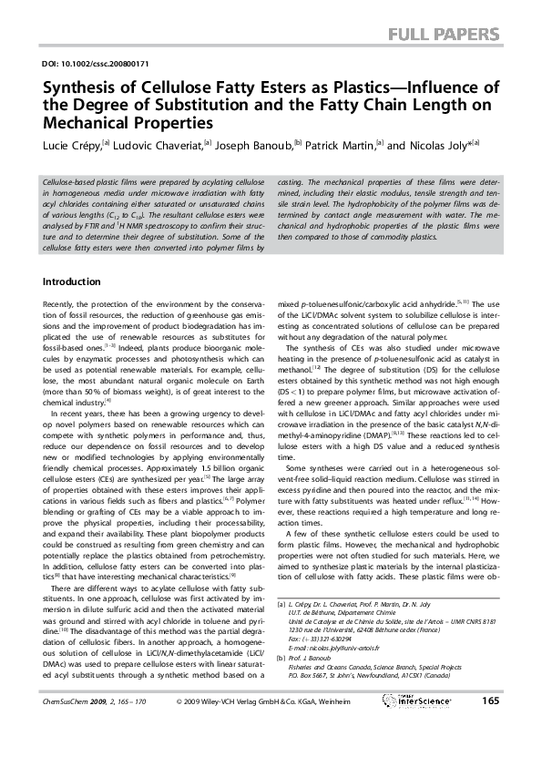 (PDF) Synthesis of Cellulose Fatty Esters as Plastics-Influence of the ...