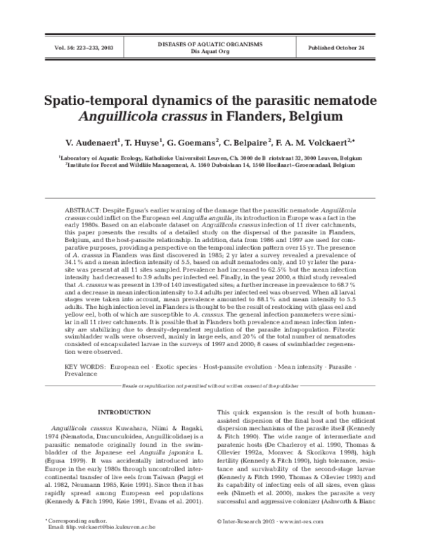 (PDF) Spatio-temporal dynamics of the parasitic nematode Anguillicola crassus in Flanders ...