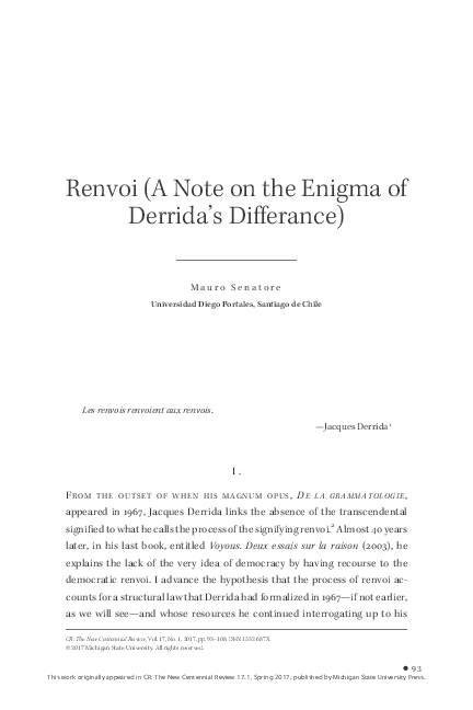 (PDF) Renvoi (A Note on the Enigma of Derrida's Differance)