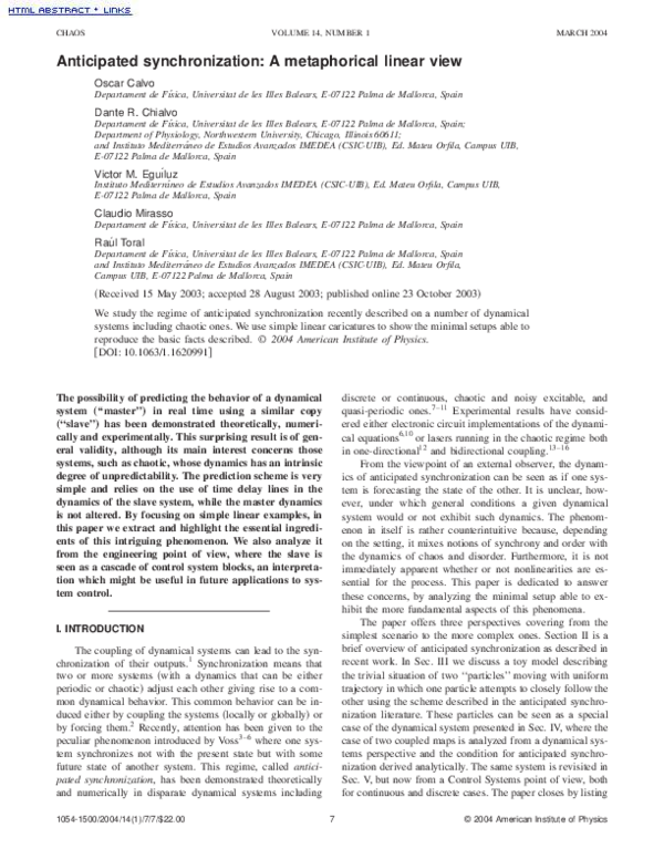 (PDF) Anticipated synchronization: A metaphorical linear view