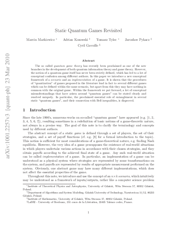 (PDF) Static Quantum Games Revisited