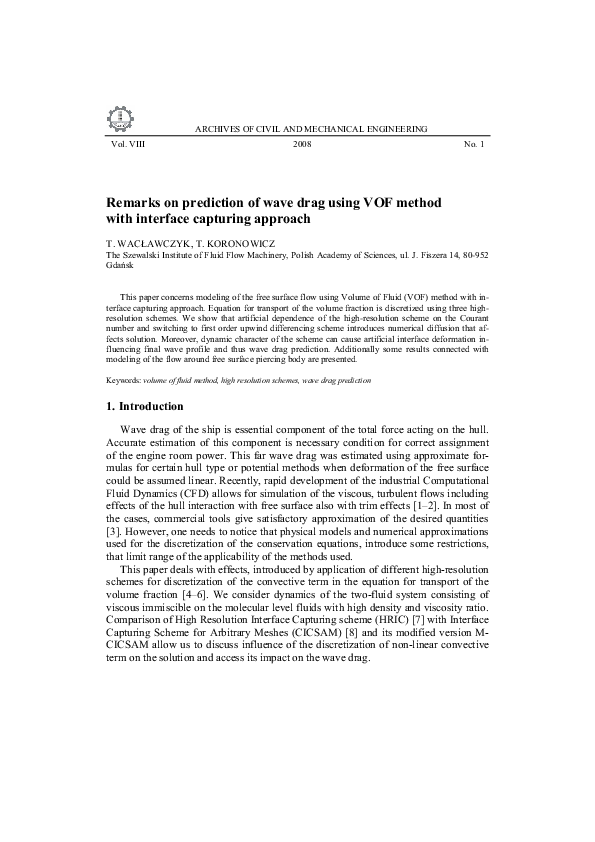 (PDF) Remarks on prediction of wave drag using VOF method with interface capturing approach ...