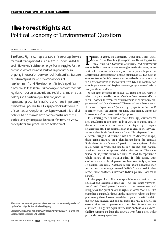(PDF) The Forest Rights Act: The Political Economy of "Environmental" Questions