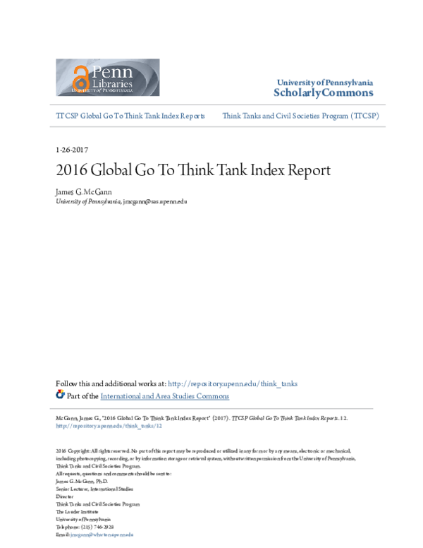 (PDF) 2016 Global Go To Think Tank Index Report
