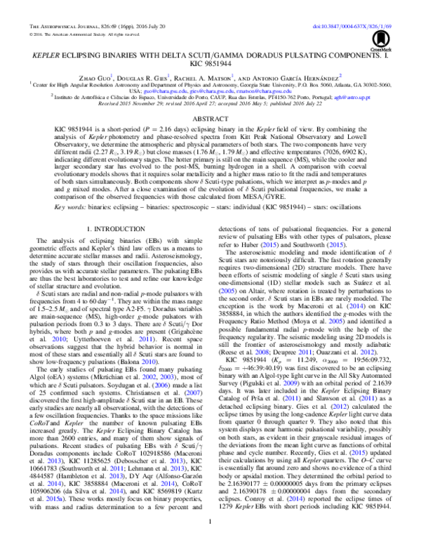 (PDF) KEPLER ECLIPSING BINARIES WITH DELTA SCUTI/GAMMA DORADUS PULSATING COMPONENTS. I. KIC 9851944