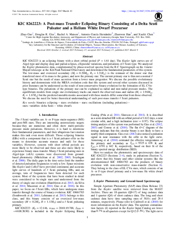 Pdf Kic 8262223 A Post Mass Transfer Eclipsing Binary Consisting Of