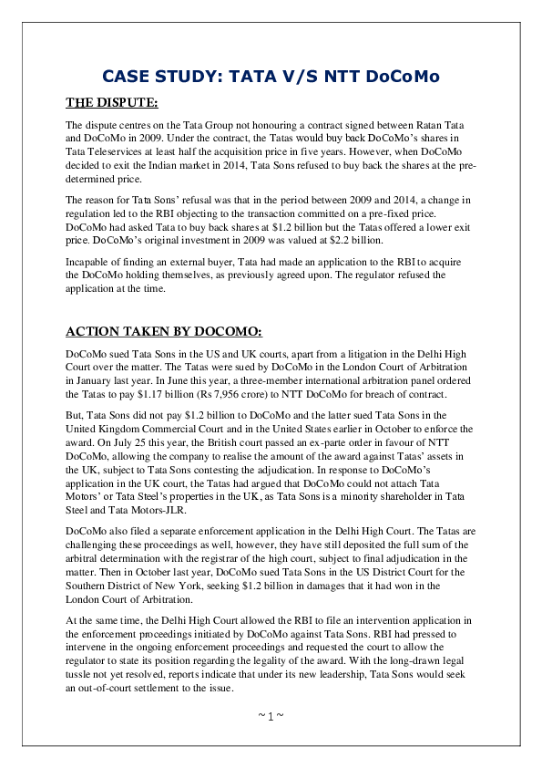 (DOC) CASE STUDY: TATA V/S NTT DoCoMo THE DISPUTE