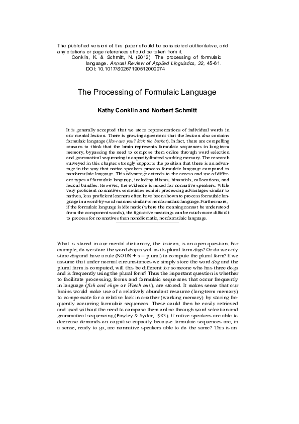 (PDF) The Processing of Formulaic Language
