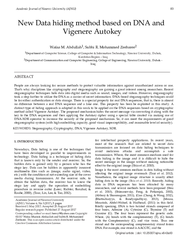 (PDF) New Data hiding method based on DNA and Vigenere Autokey