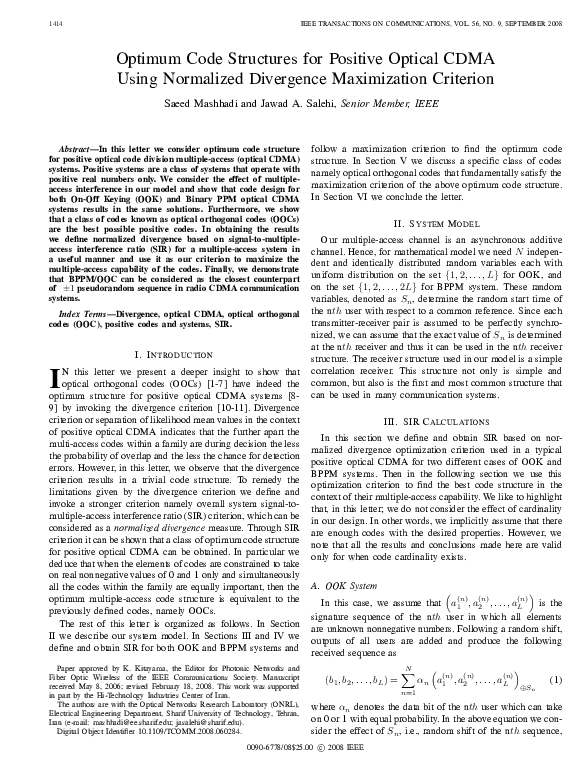 (PDF) Optimum Code Structures for Positive Optical CDMA Using ...