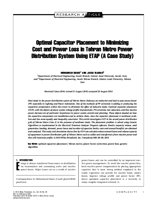 Pdf Optimal Capacitor Placement To Minimizing Cost And Power Loss In