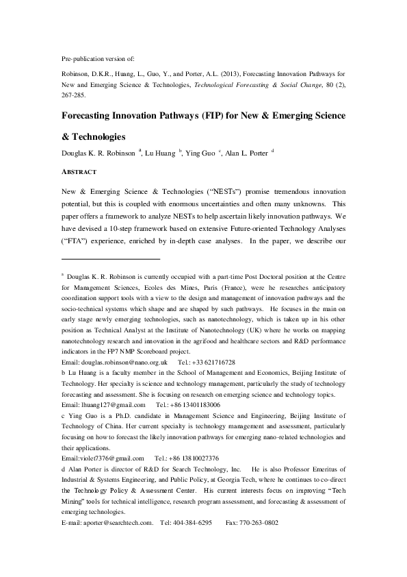 (PDF) Forecasting Innovation Pathways (FIP) for new and emerging ...
