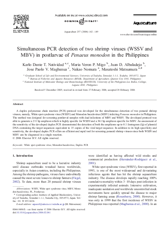 Pdf Simultaneous Pcr Detection Of Two Shrimp Viruses Wssv And Mbv In Postlarvae Of Penaeus