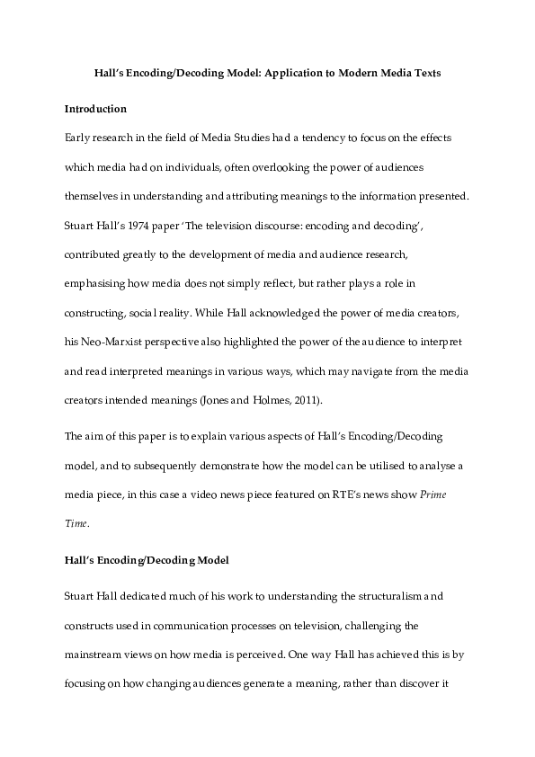(DOC) Hall's Encoding/Decoding Model: Application to Modern Media Texts