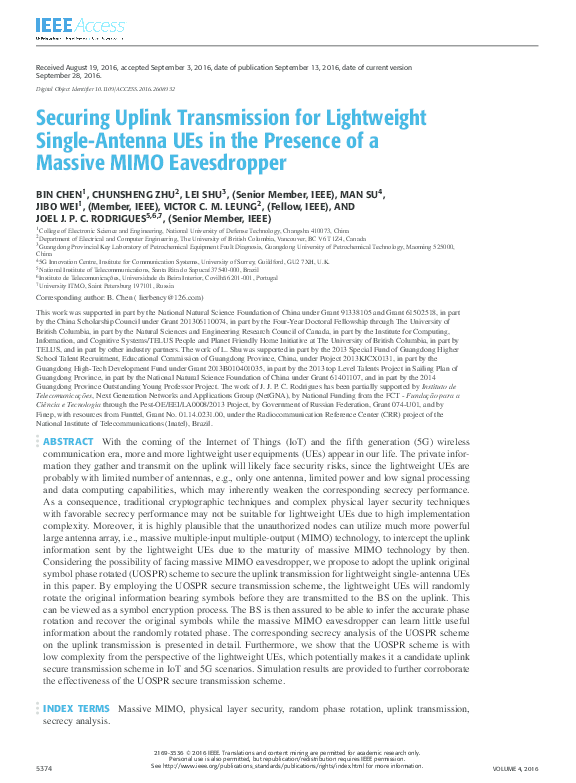 Pdf Securing Uplink Transmission For Lightweight Single Antenna Ues In The Presence Of A