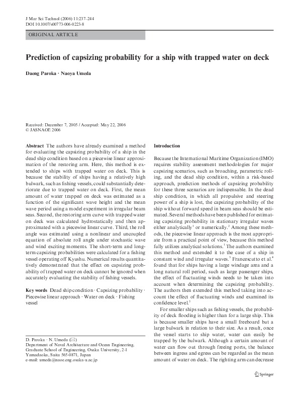 (PDF) Prediction of capsizing probability for a ship with trapped water on deck