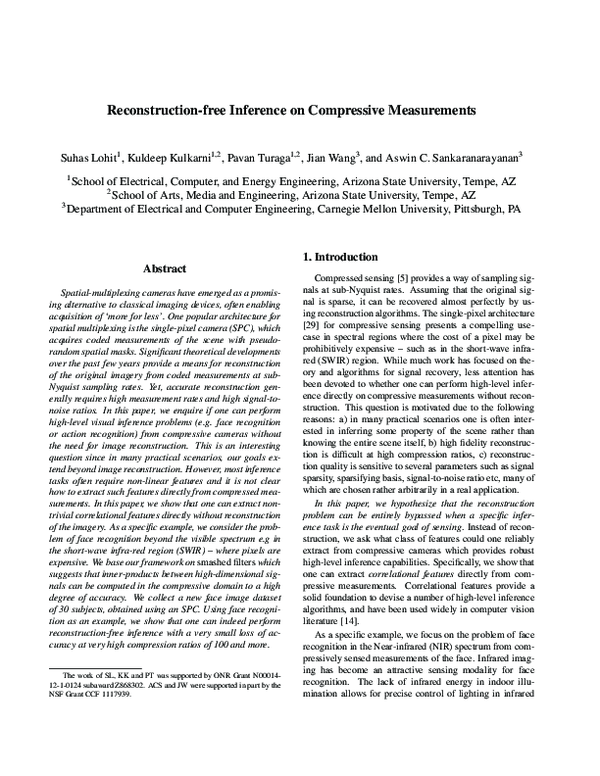 (PDF) Reconstruction-free inference on compressive measurements | Pavan Turaga - Academia.edu