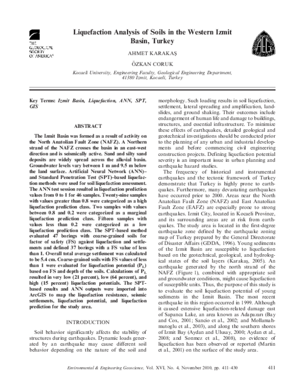(PDF) Liquefaction Analysis of Soils in the Western Izmit Basin, Turkey
