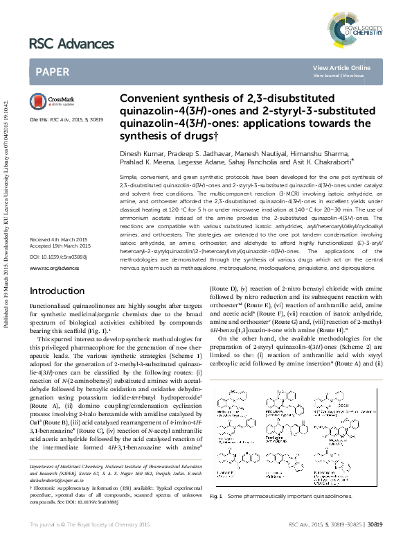 (PDF) Convenient synthesis of 2,3-disubstituted quinazolin-4(3H)-ones and 2-styryl-3-substituted ...