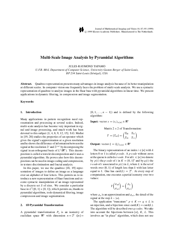 Pdf Multi Scale Image Analysis By Pyramidal Algorithms