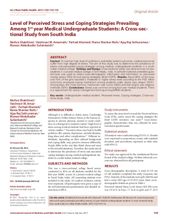 (PDF) Level of Perceived Stress and Coping Strategies Prevailing Among 1 st year Medical ...