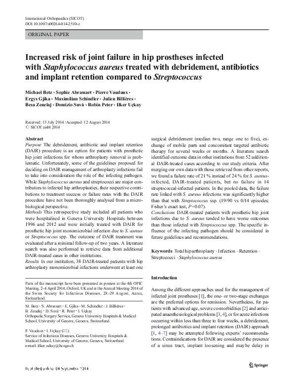 (PDF) Increased risk of joint failure in hip prostheses infected with ...