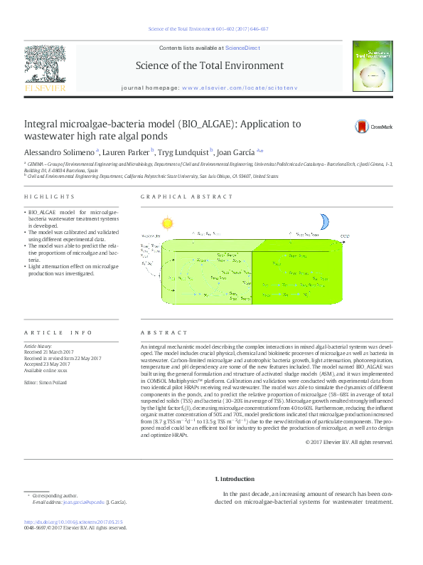 (PDF) Integral microalgae-bacteria model (BIO_ALGAE): Application to ...