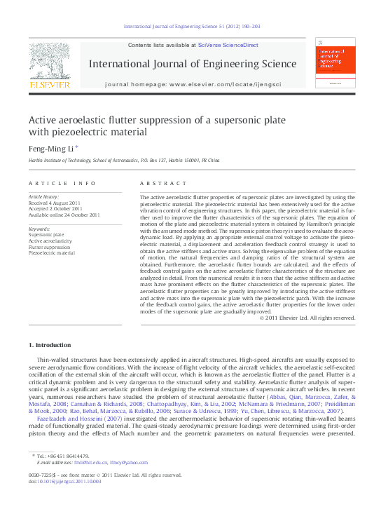 (PDF) Active aeroelastic flutter suppression of a supersonic plate with piezoelectric material