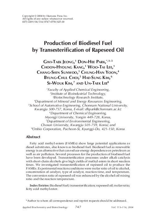 (PDF) Production of Biodiesel Fuel by Transesterification of Rapeseed Oil
