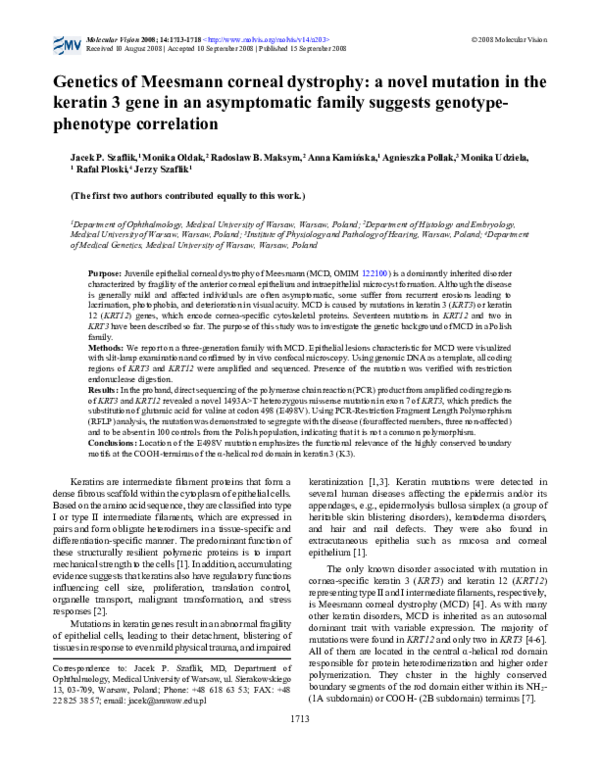 (PDF) Genetics of Meesmann corneal dystrophy: a novel mutation in the ...