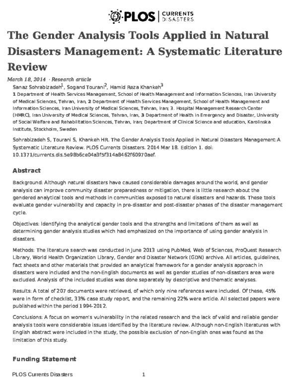 Pdf The Gender Analysis Tools Applied In Natural Disasters Management