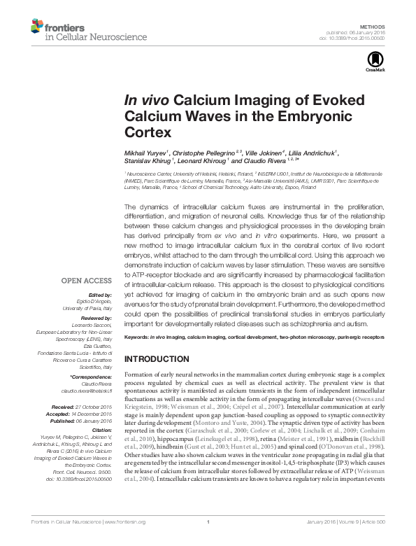 (PDF) In vivo Calcium Imaging of Evoked Calcium Waves in the Embryonic ...